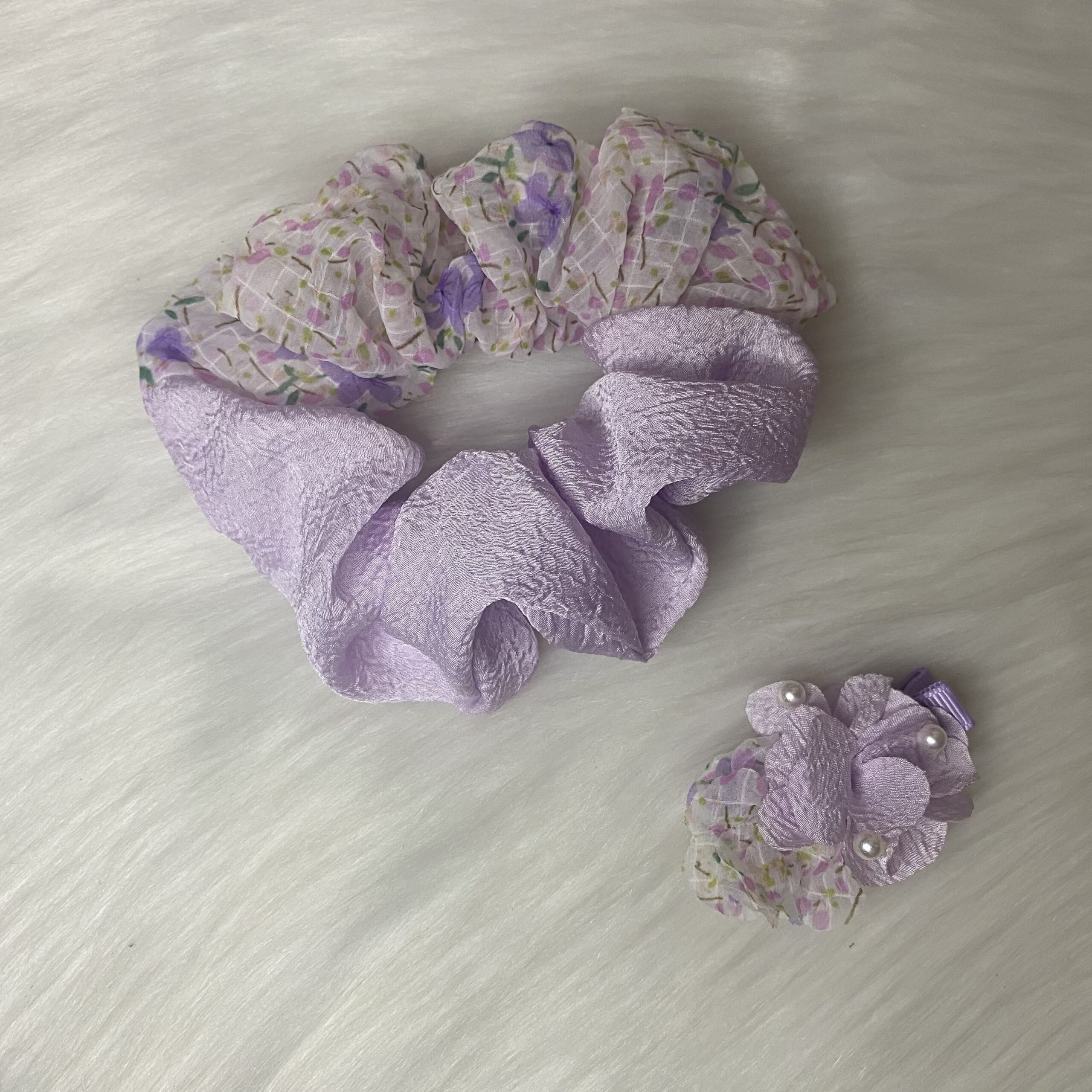 Flower & Pearl Lilac Scrunchie & Hair Clip Set | All Things Hair By Sade